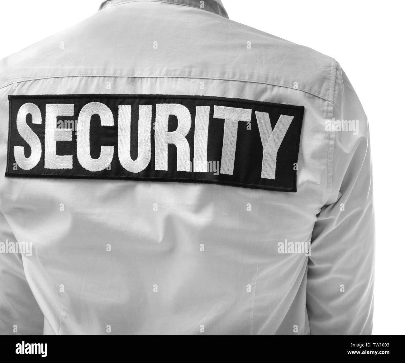 Back of male security guard on white background, closeup Stock Photo ...