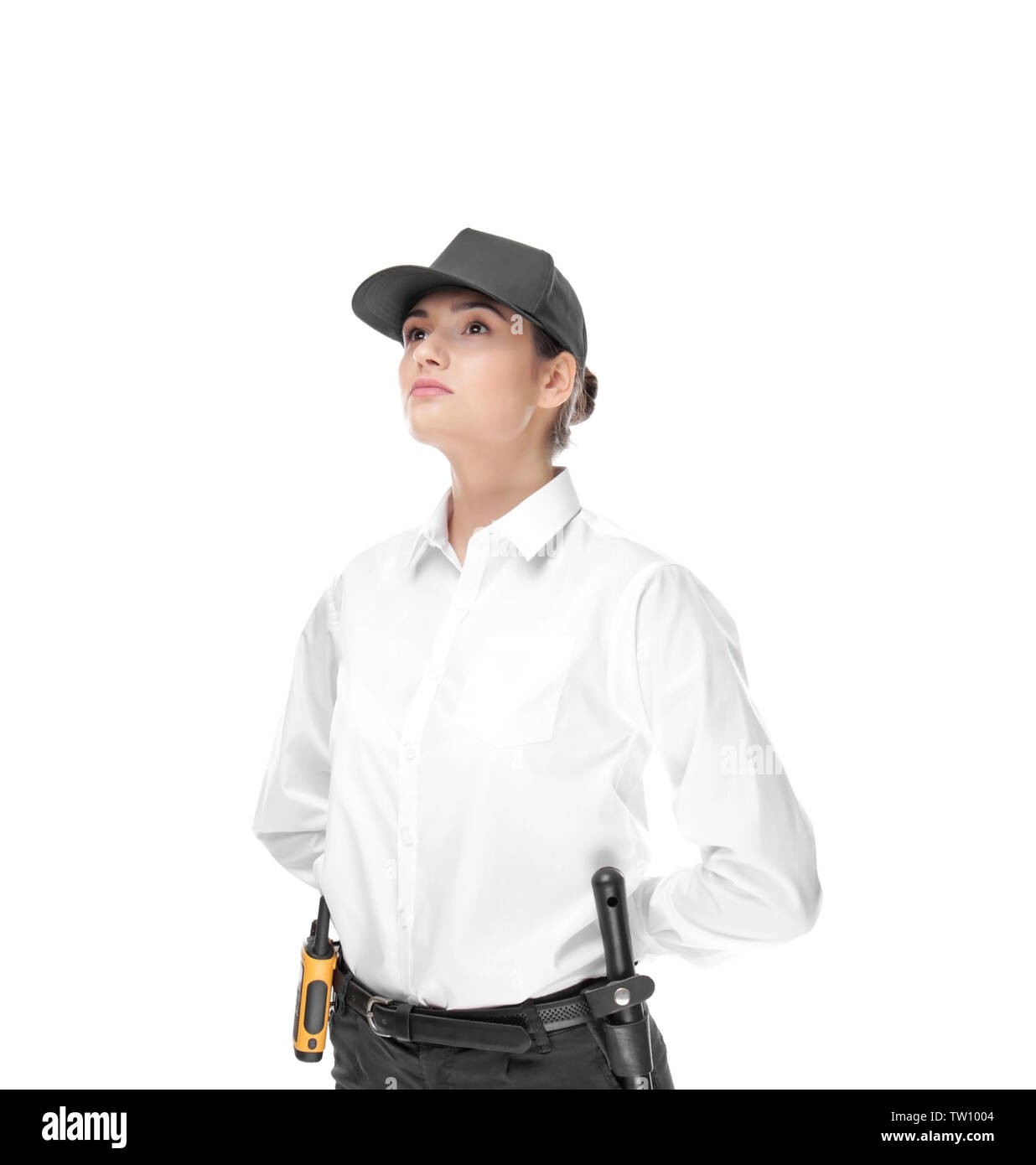 Female security guard on white background Stock Photo - Alamy