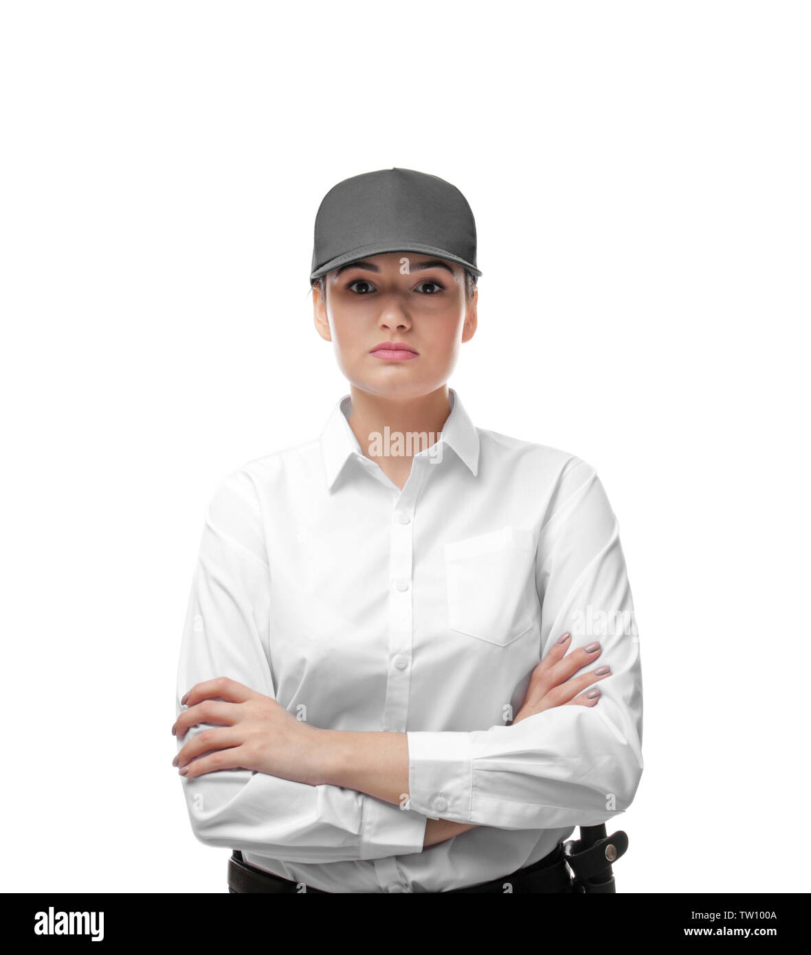 Female security guard on white background Stock Photo - Alamy