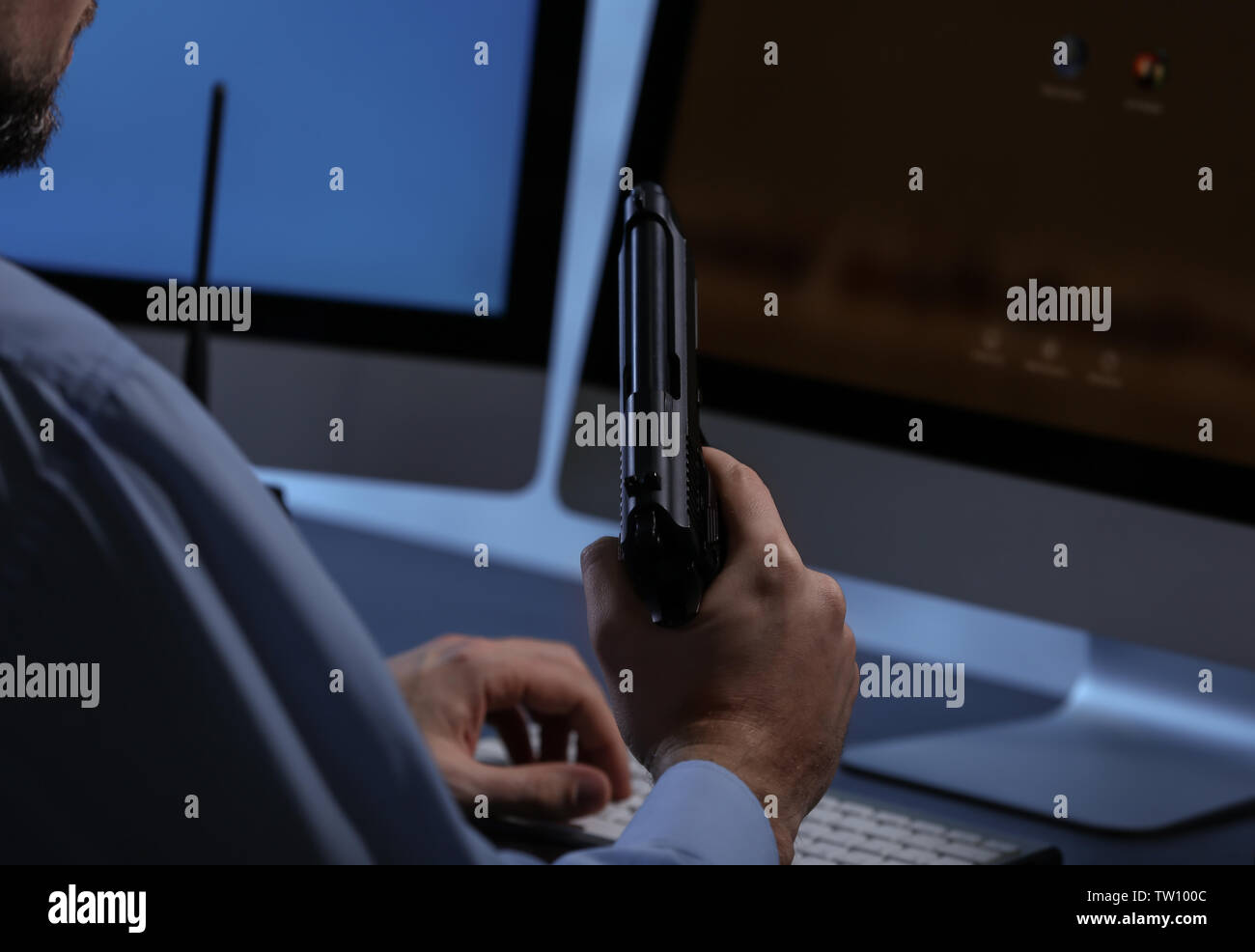 Hands of security guard on workplace Stock Photo - Alamy