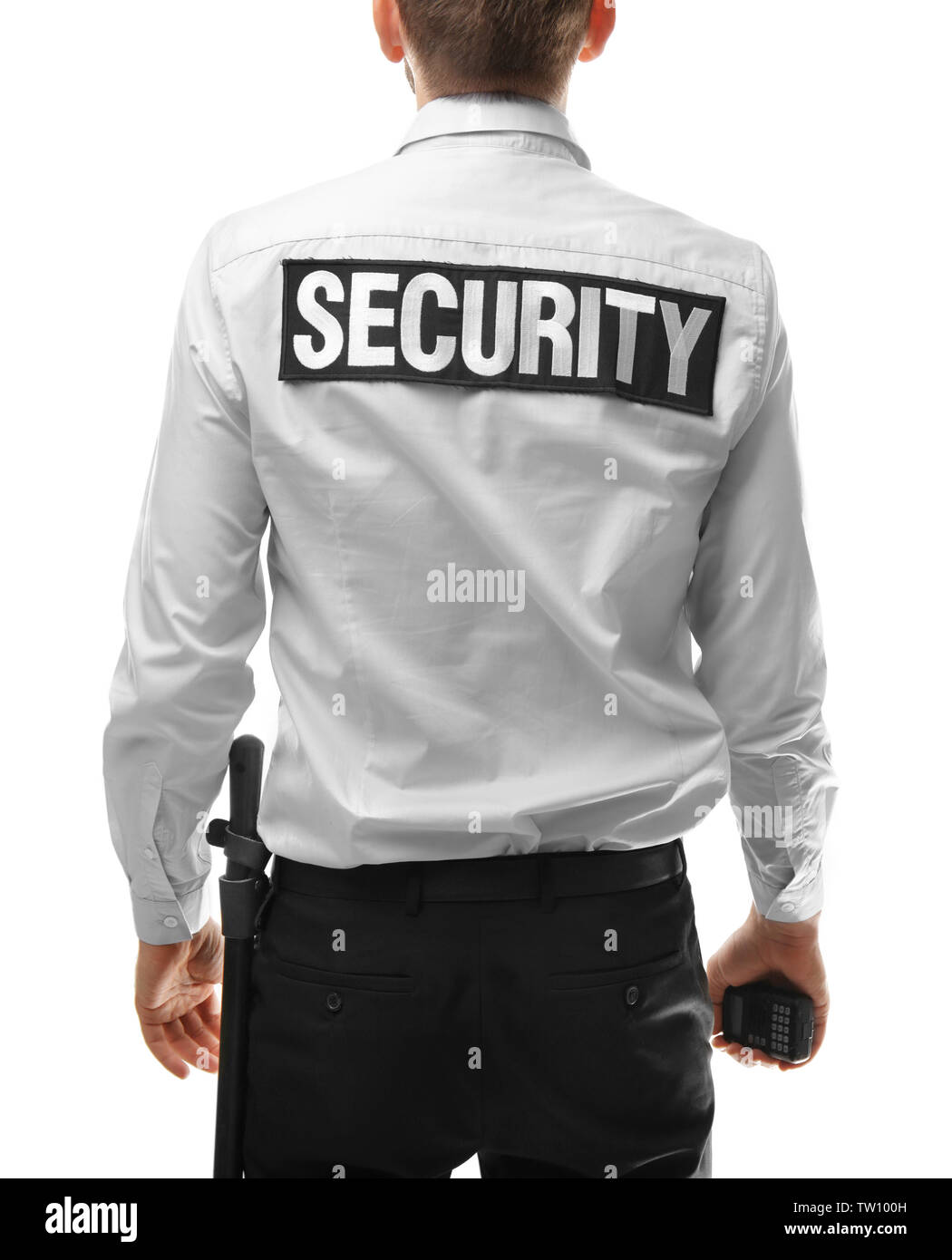 Back of male security guard on white background Stock Photo - Alamy