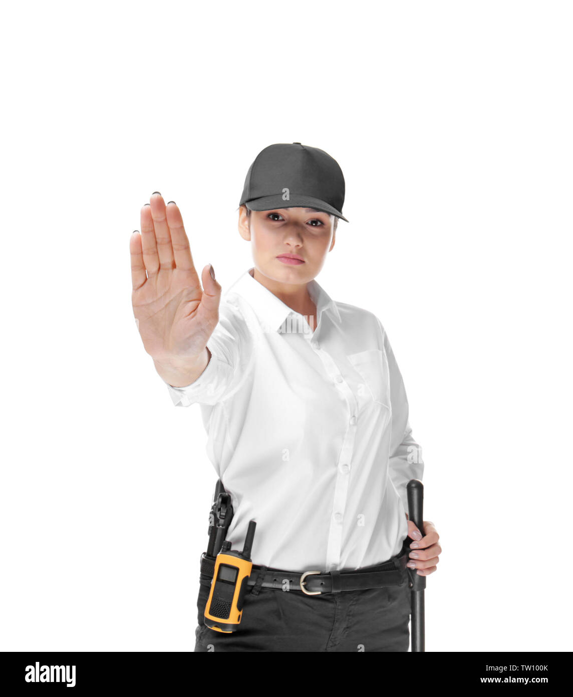 Female security guard on white background Stock Photo - Alamy