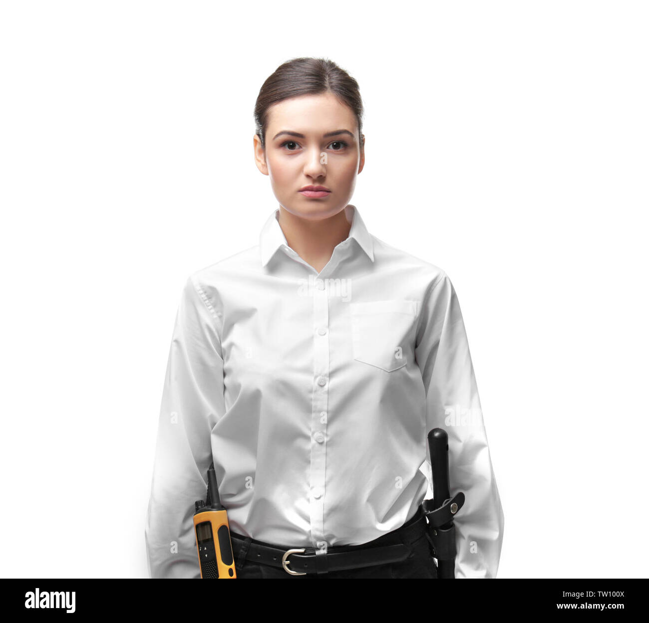 Female security guard on white background Stock Photo - Alamy