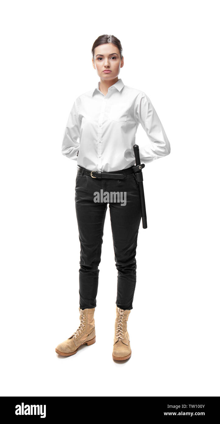 Female security guard on white background Stock Photo - Alamy