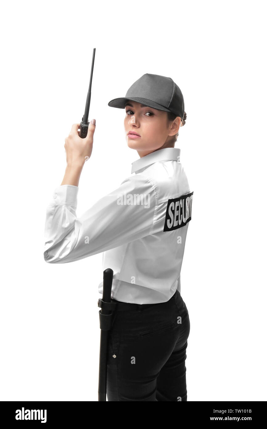 Female security guard on white background Stock Photo - Alamy