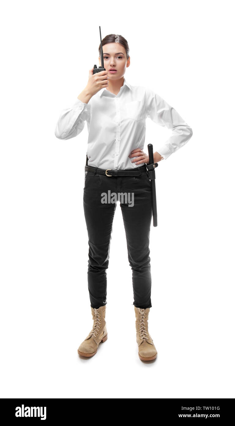 Female security guard on white background Stock Photo - Alamy
