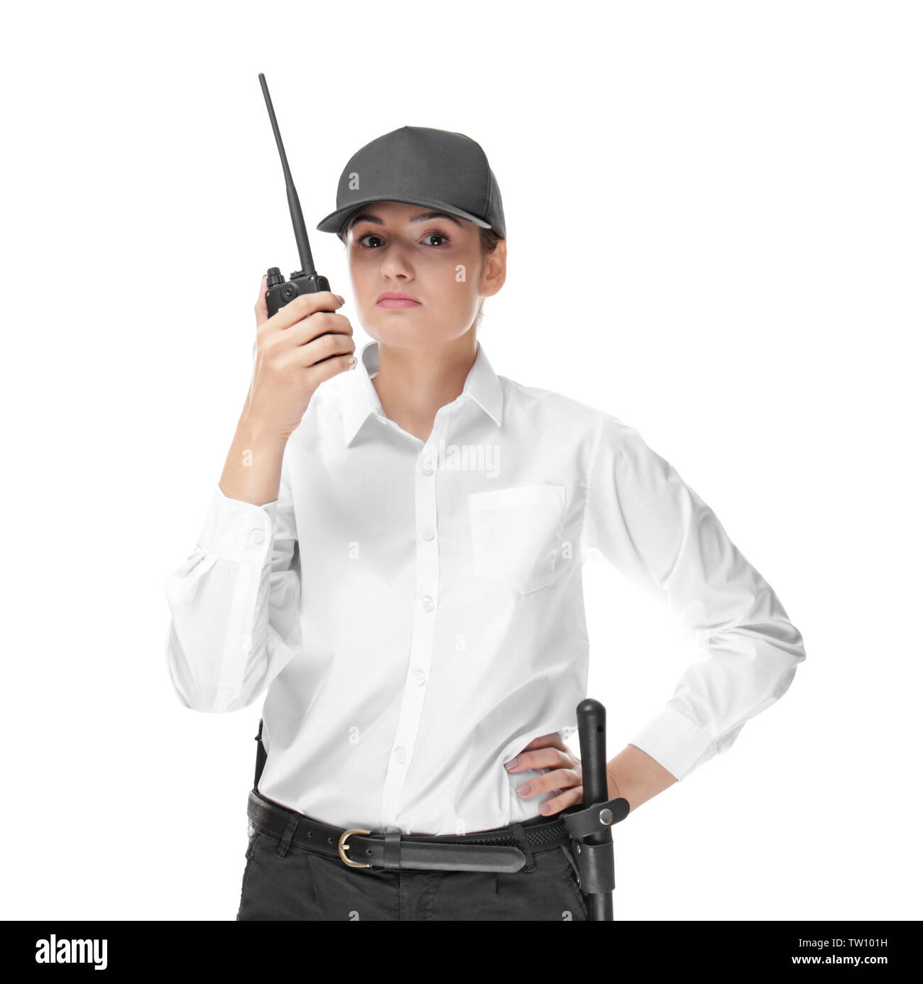 Female security guard on white background Stock Photo - Alamy