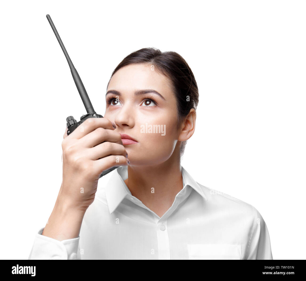 Female security guard on white background Stock Photo - Alamy