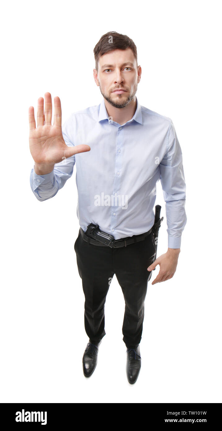 Male security guard on white background Stock Photo - Alamy