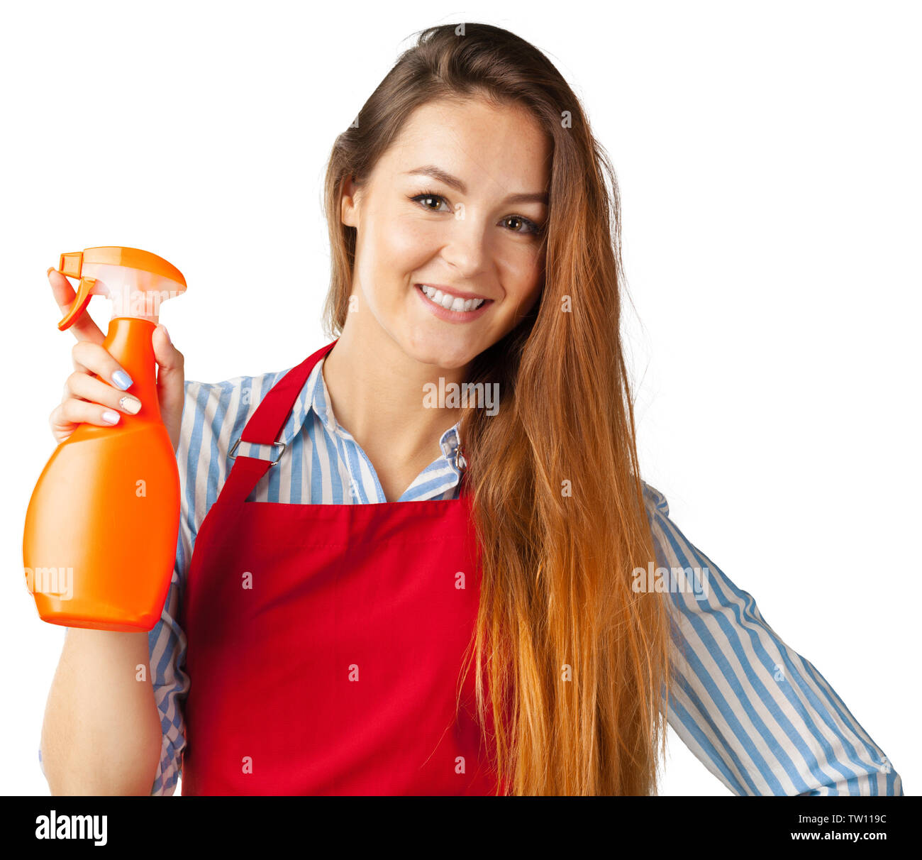 Cleaning company worker standing against white isolated background ...