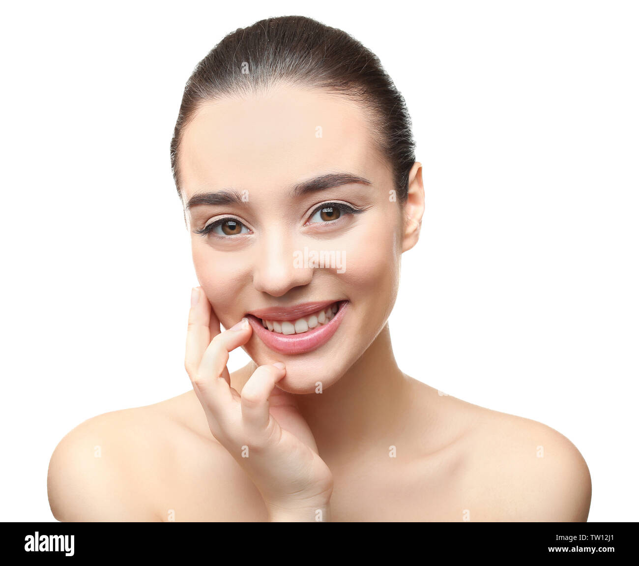 Face of young woman on white background Stock Photo - Alamy