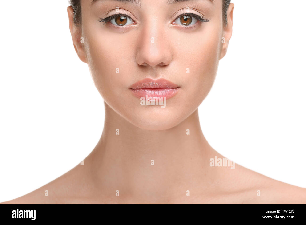 Face of young woman on white background Stock Photo - Alamy