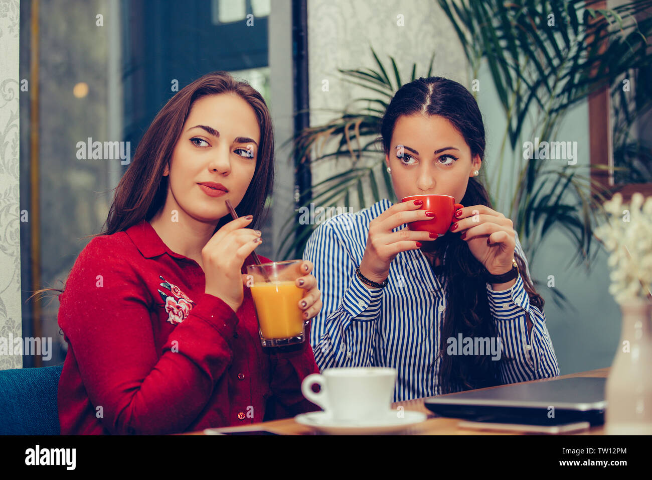 Image of a two happy girls friends sitting in cafe talking with each ...