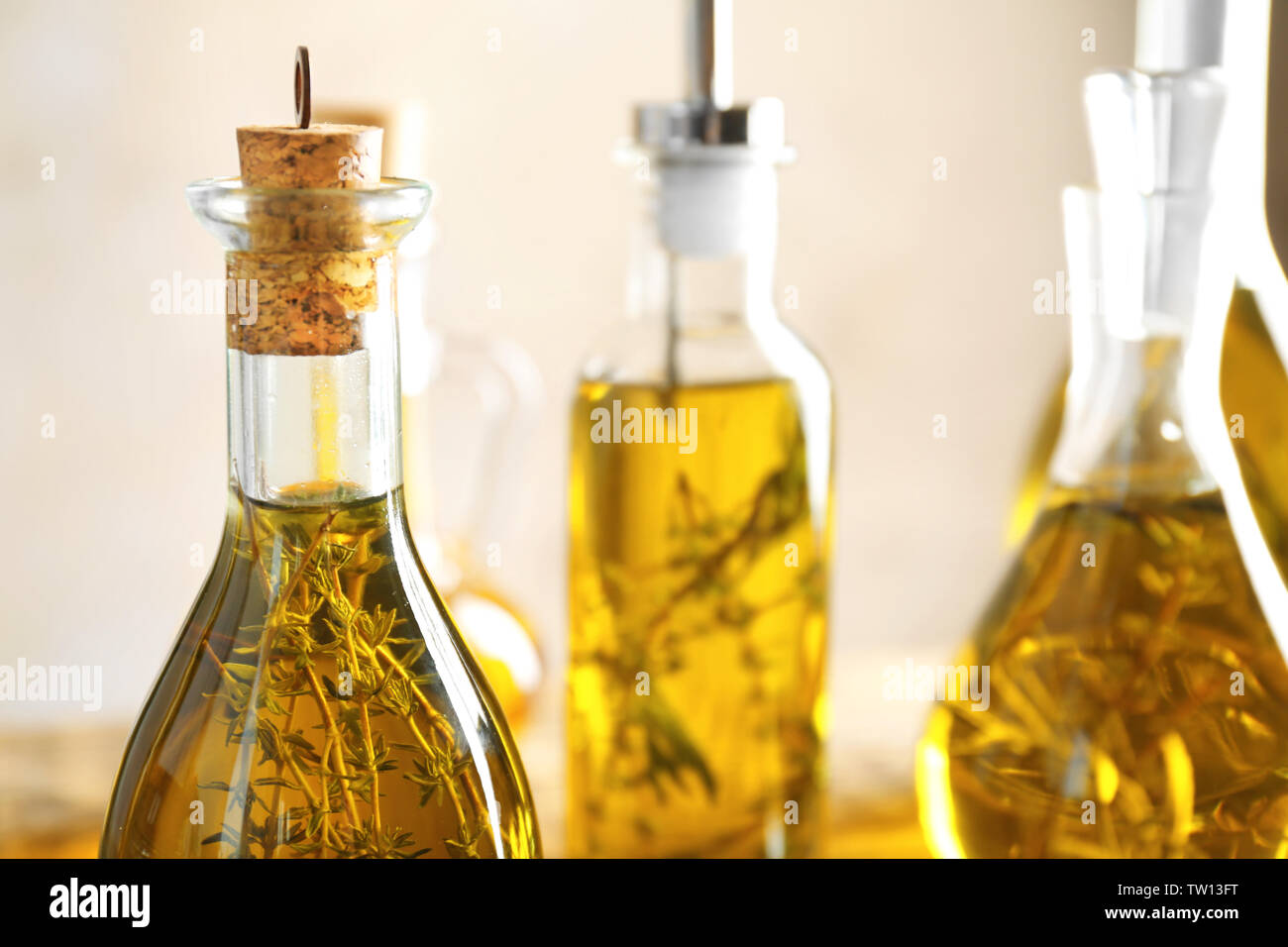 Bottles with oil, closeup Stock Photo - Alamy