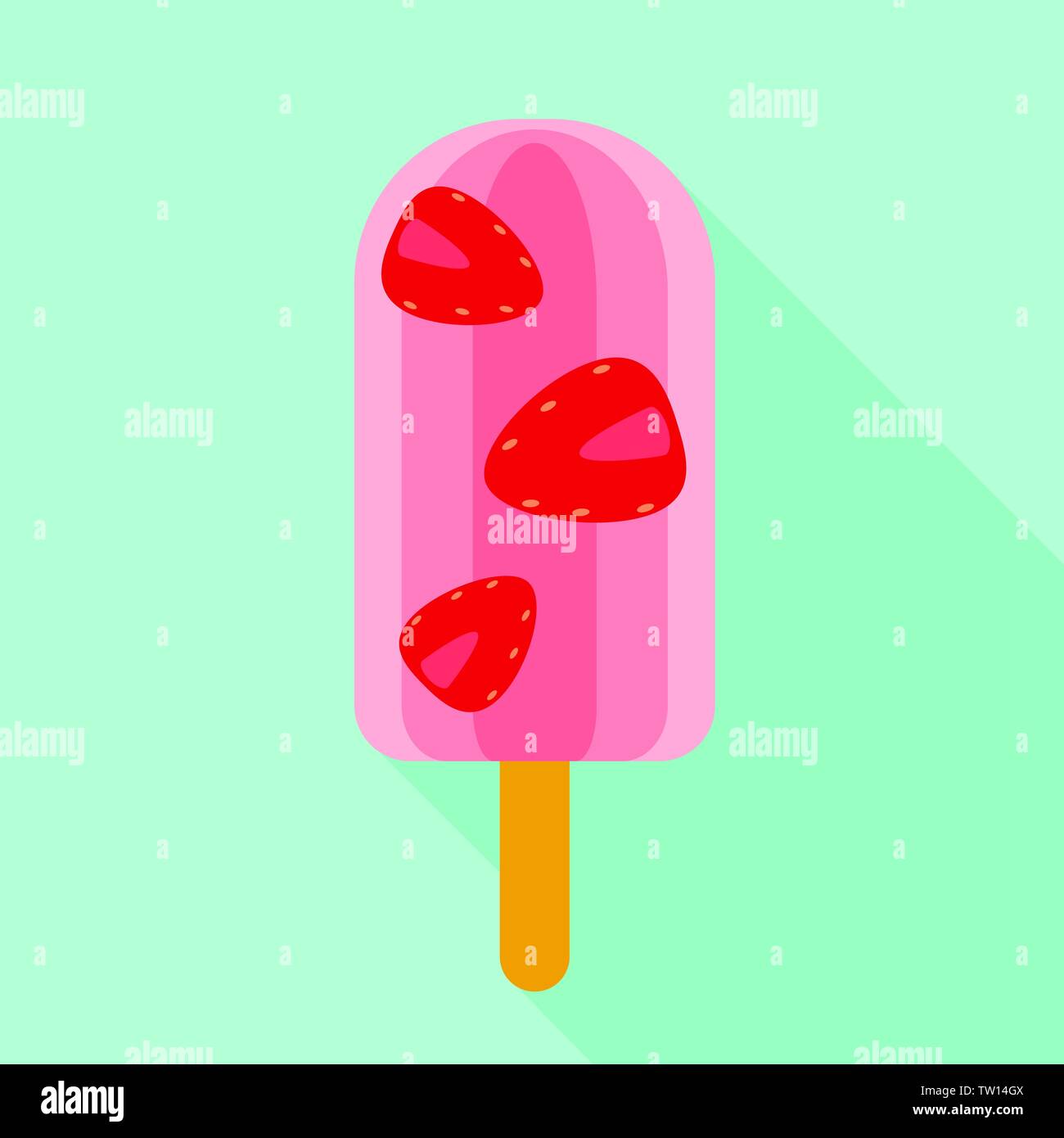 Pink strawberry popsicle icon. Flat illustration of pink strawberry ...