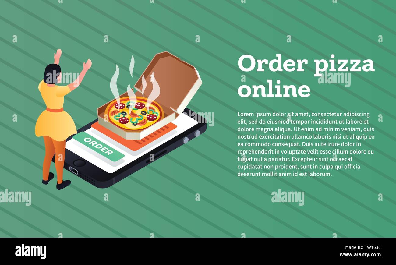 Order pizza online concept banner. Isometric illustration of order ...