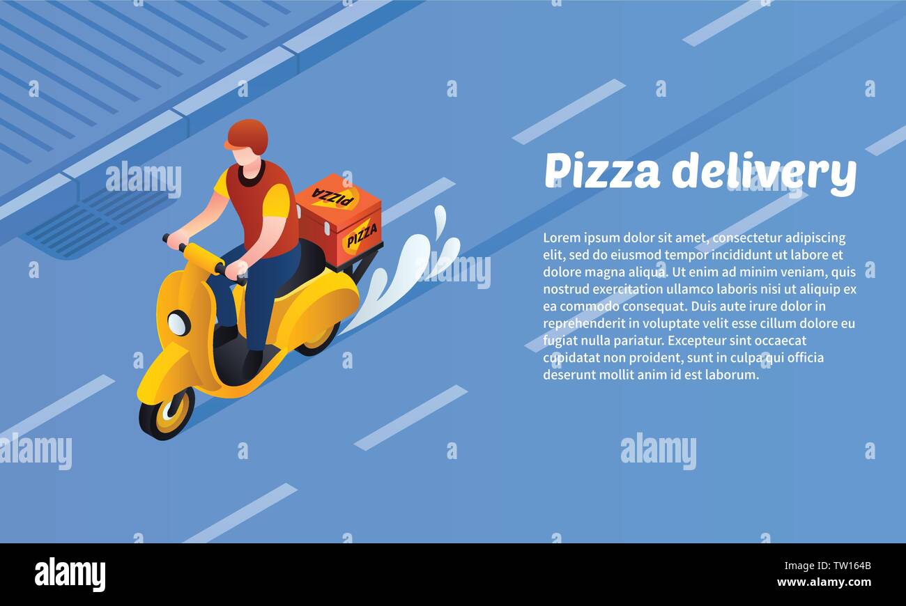 Pizza delivery concept banner. Isometric illustration of pizza delivery ...
