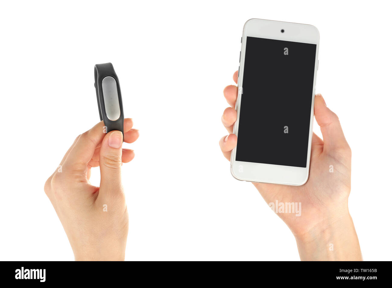 Hands with heart rate monitor watch and smartphone isolated on white ...