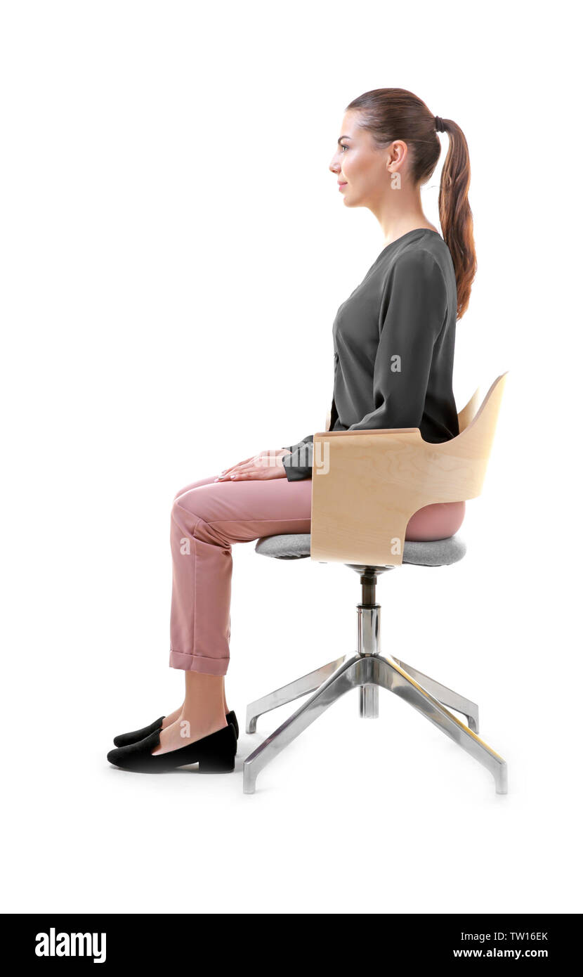 Incorrect posture concept. Young woman sitting on chair against white ...