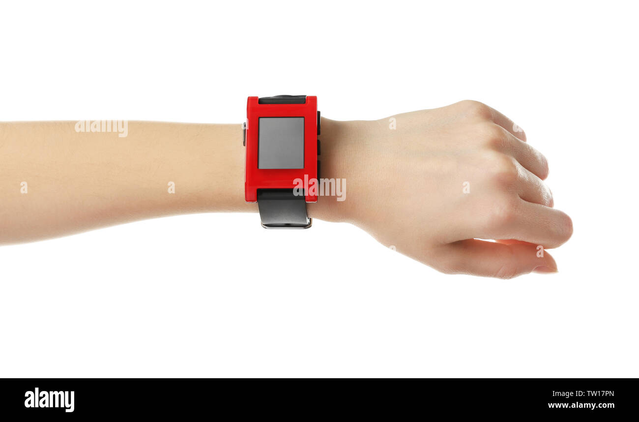 Female hand with heart rate monitor watch on white background Stock ...