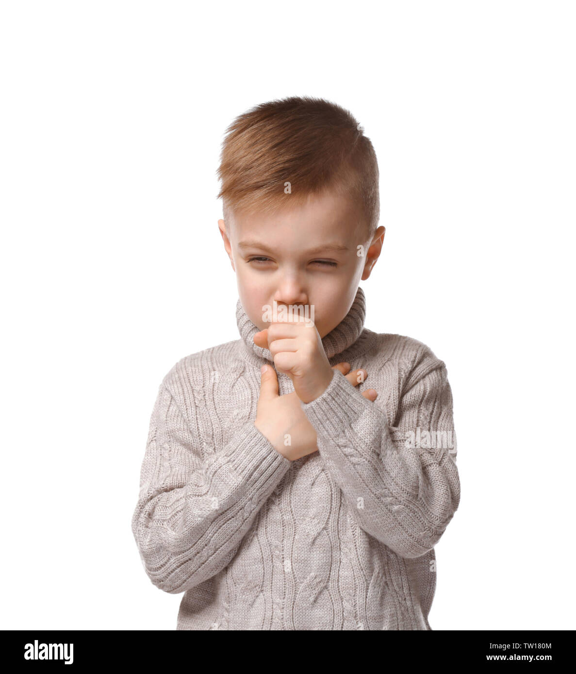 Cute little boy coughing on white background Stock Photo - Alamy