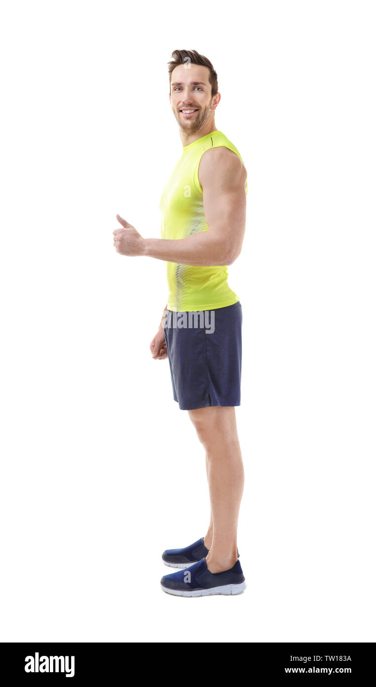 Incorrect posture concept. Man in sport wear isolated on white Stock ...