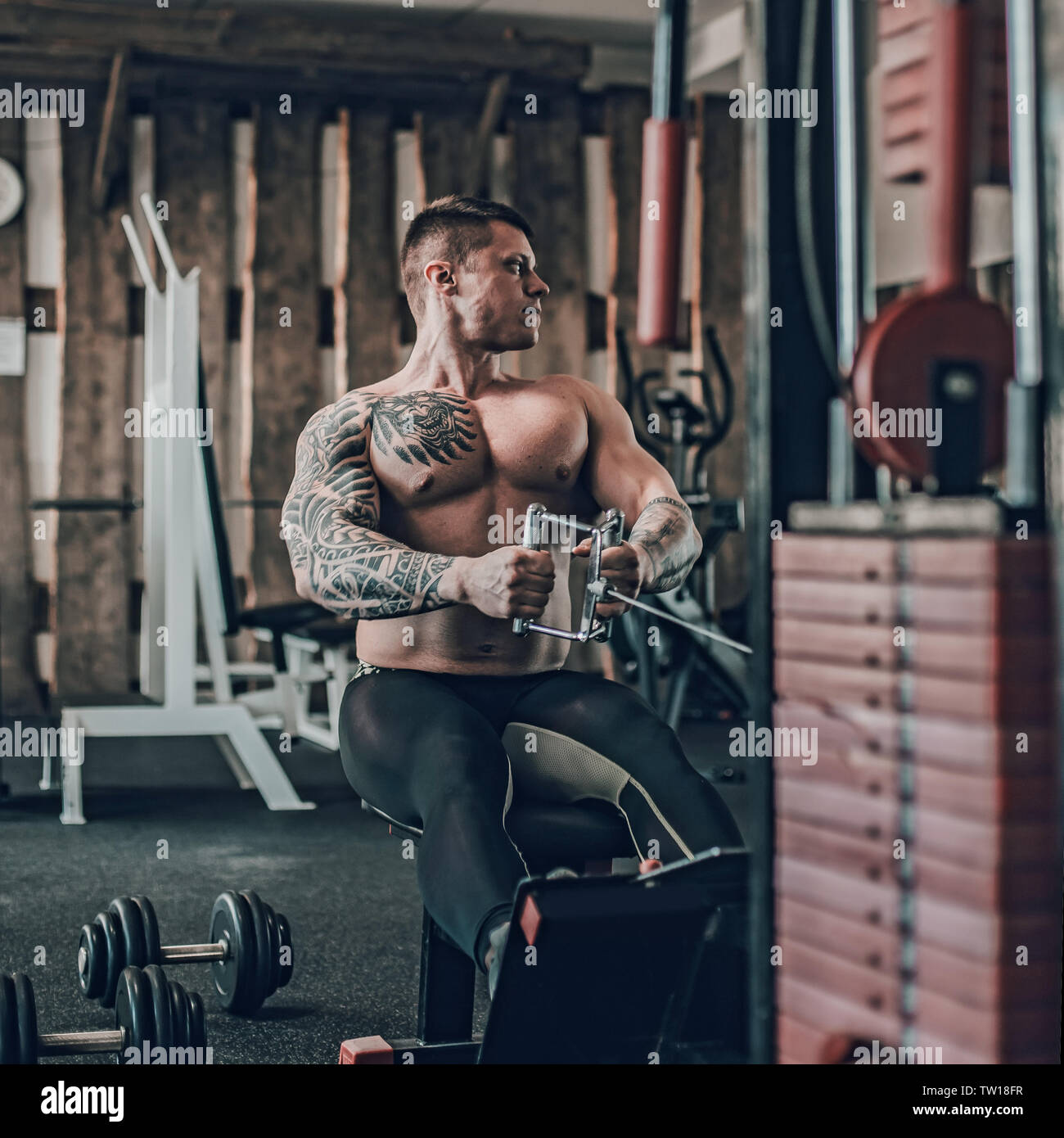 purposeful male bodybuilder performing exercises on the simulator. how ...