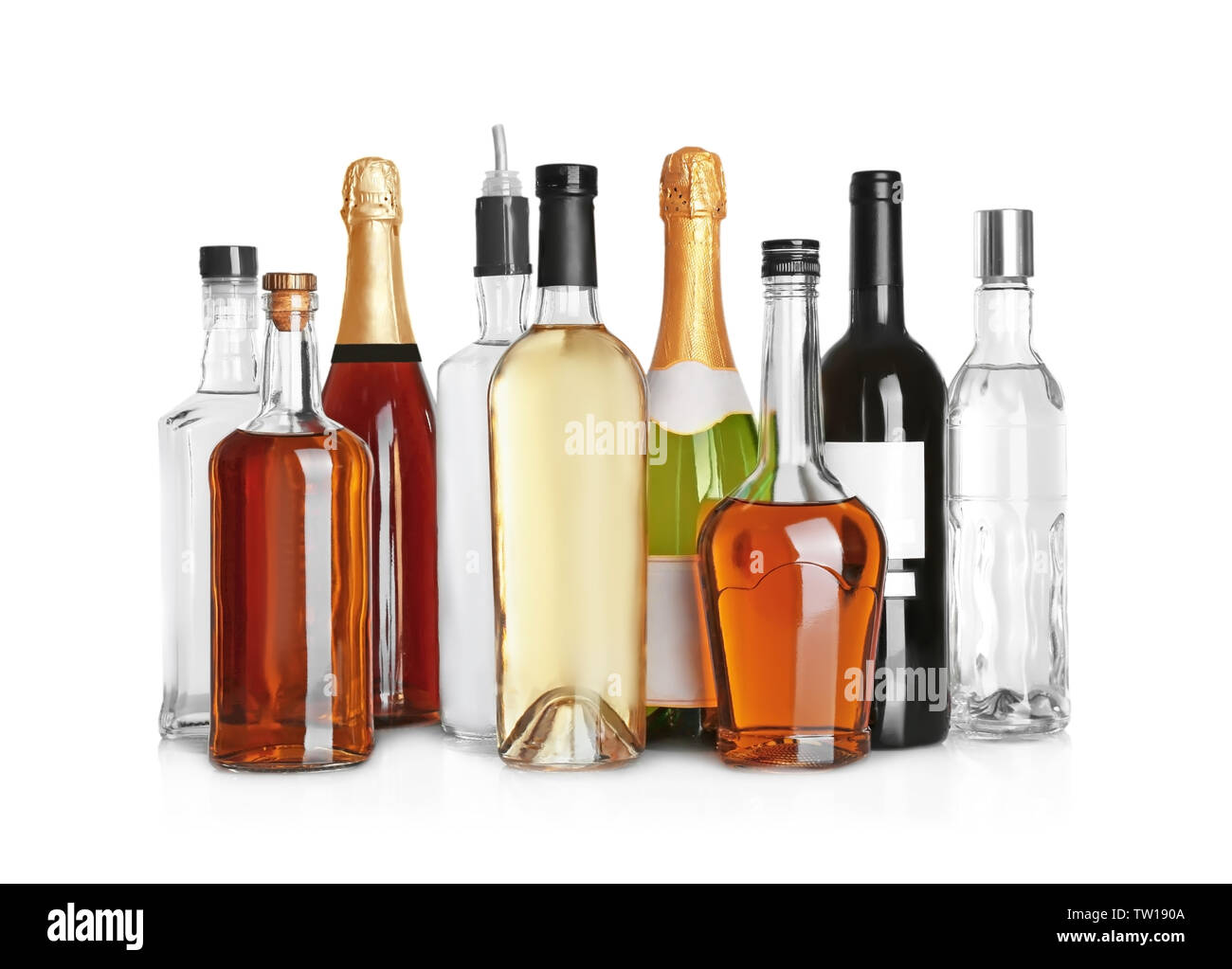 Different bottles of wine and spirits on white background Stock Photo ...