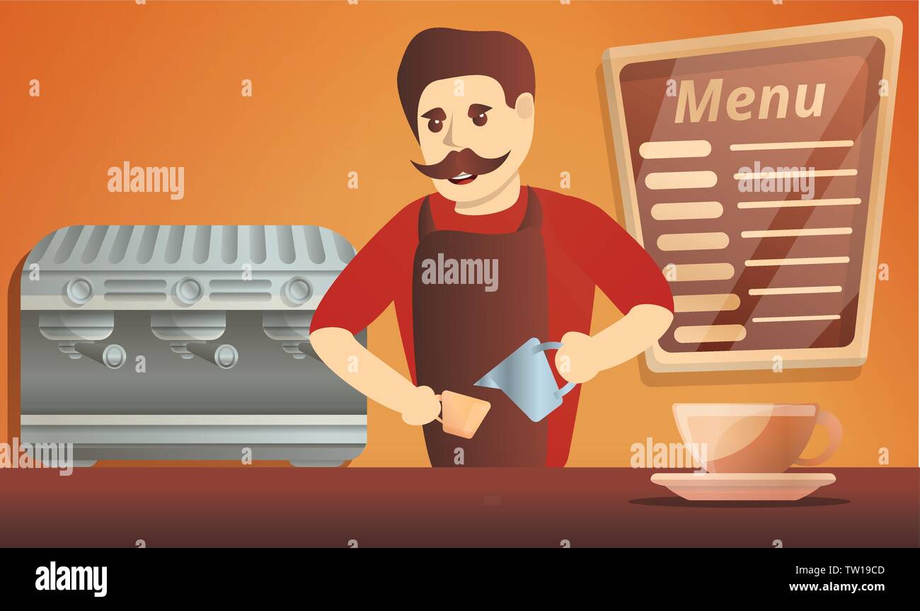 Barista coffee man concept banner. Cartoon illustration of barista ...