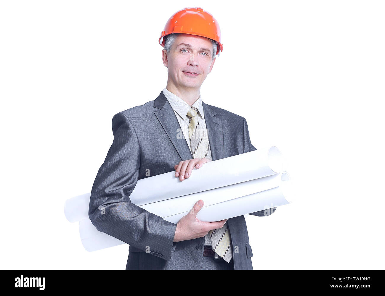 portrait of confident engineer architect with the drawings.isolated on ...