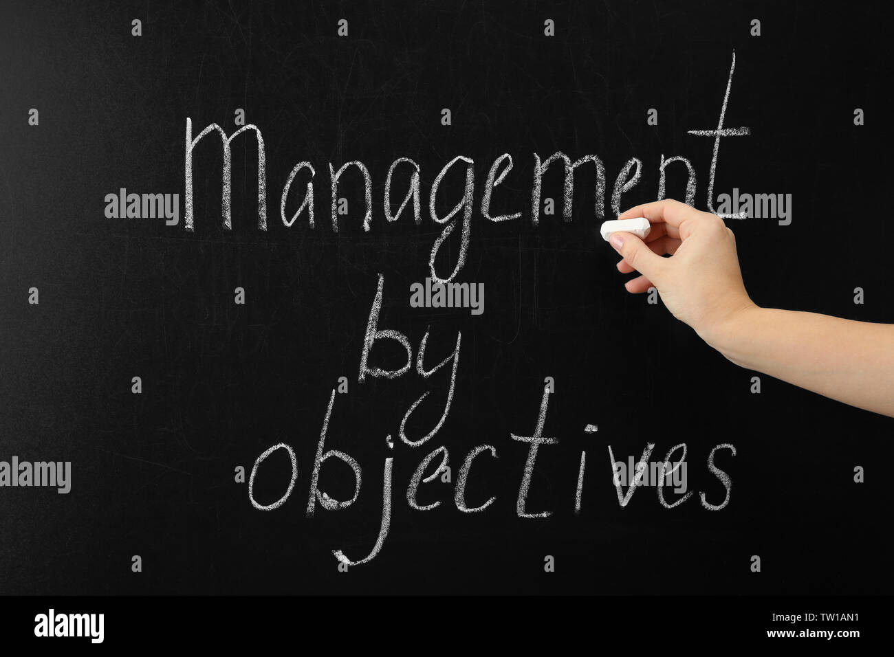 Female hand writing text MANAGEMENT BY OBJECTIVES on chalkboard Stock ...