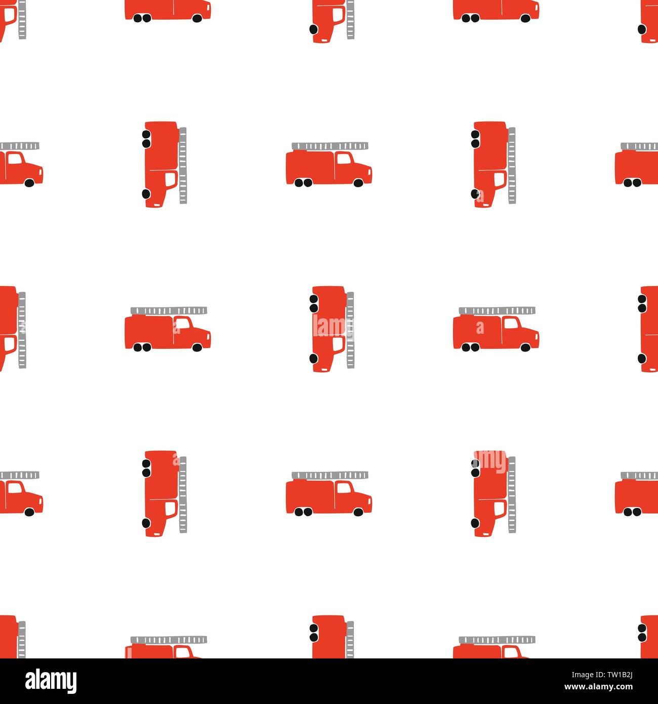 Hand Draw A Fire Truck Seamless Pattern. Vector Boyish Background in ...