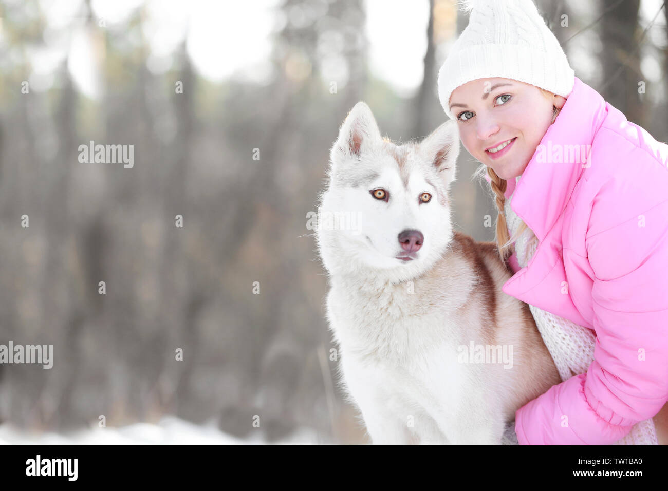 Happy Siberian husky with owner on walk in winter park Stock Photo - Alamy