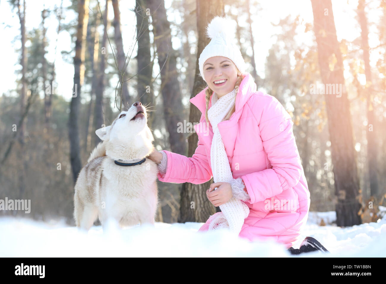 Happy Siberian husky with owner on walk in winter park Stock Photo - Alamy