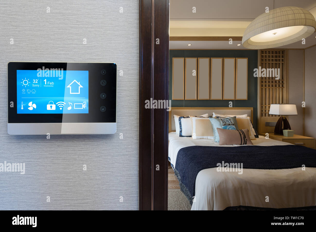 smart screen with smart home with modern bedroom Stock Photo - Alamy