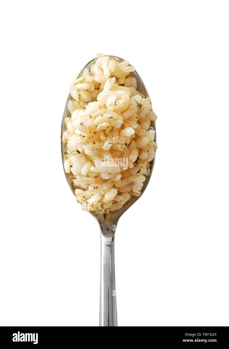 Spoon with brown rice on white background Stock Photo - Alamy