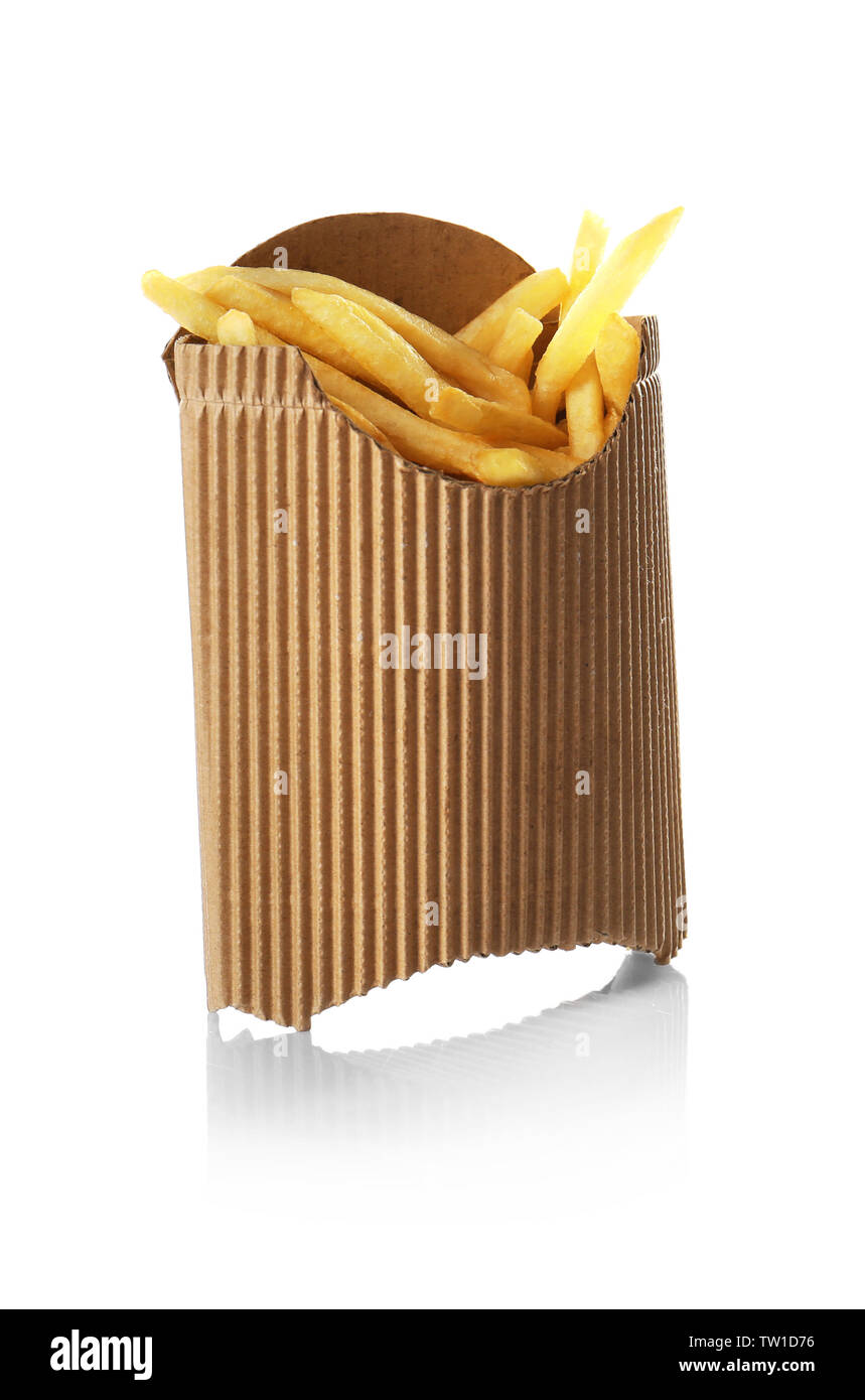 French fries in paper pack isolated on white Stock Photo - Alamy