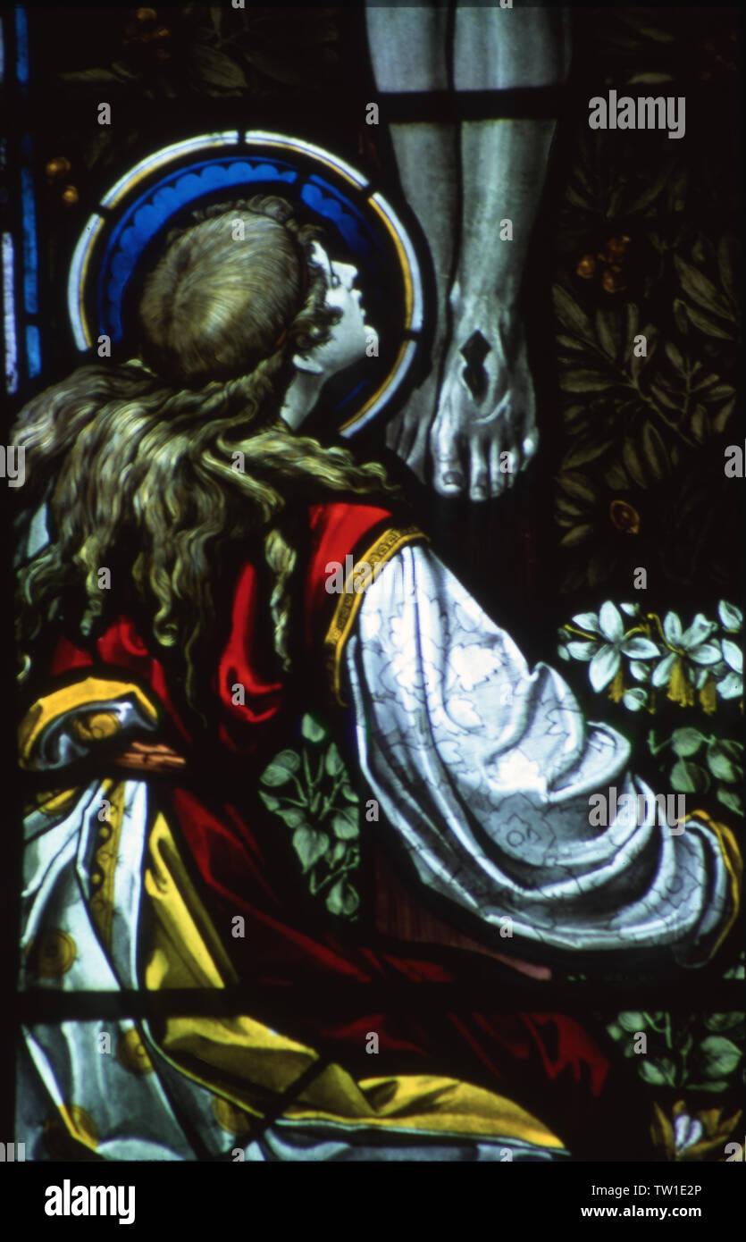 Stained glass window, Mary Magdalan at the foot of the cross, St Peter ...