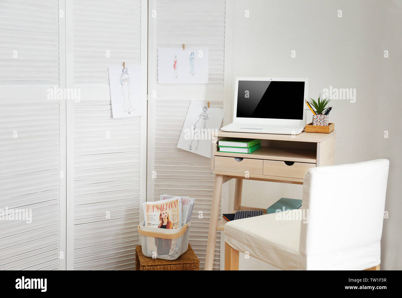 High wooden table as stand up work place in modern interior Stock Photo ...