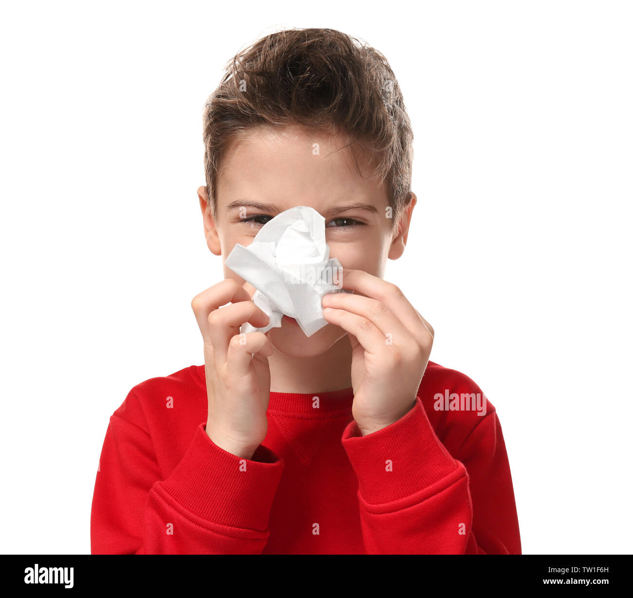 Ill little boy with tissue isolated on white Stock Photo - Alamy