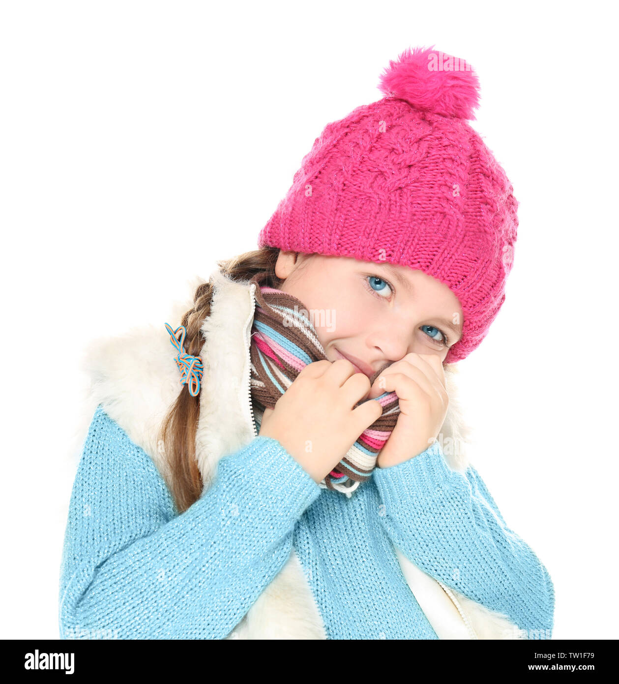 Little girl with cold on white background Stock Photo - Alamy
