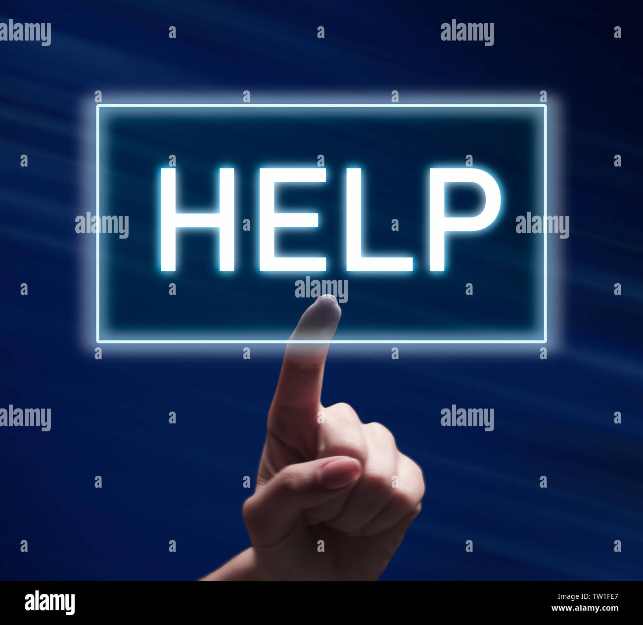 Woman hand pushing Help button on blue background, support concept ...