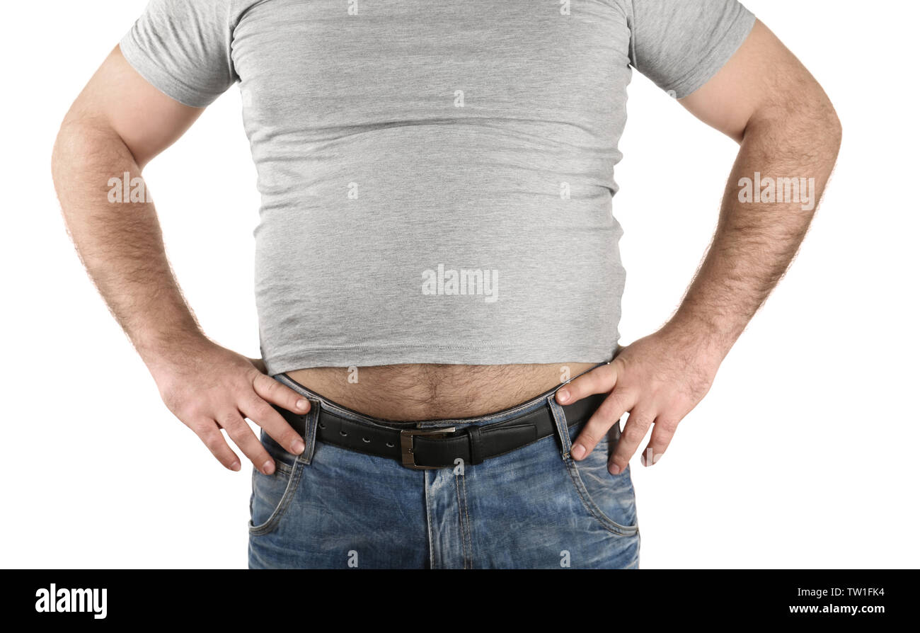 Man with big beer belly on white background Stock Photo - Alamy