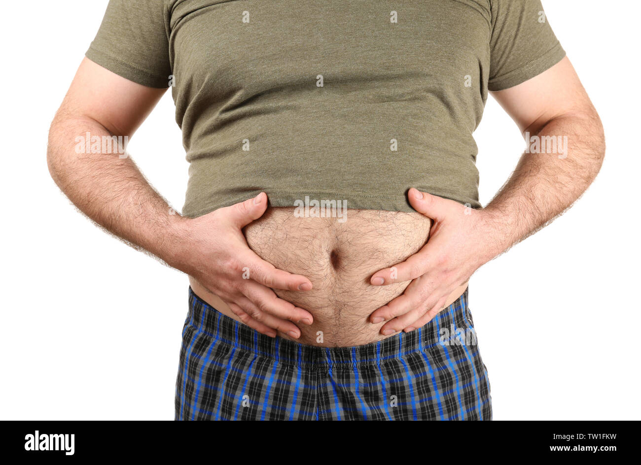 Man with big beer belly on white background Stock Photo - Alamy