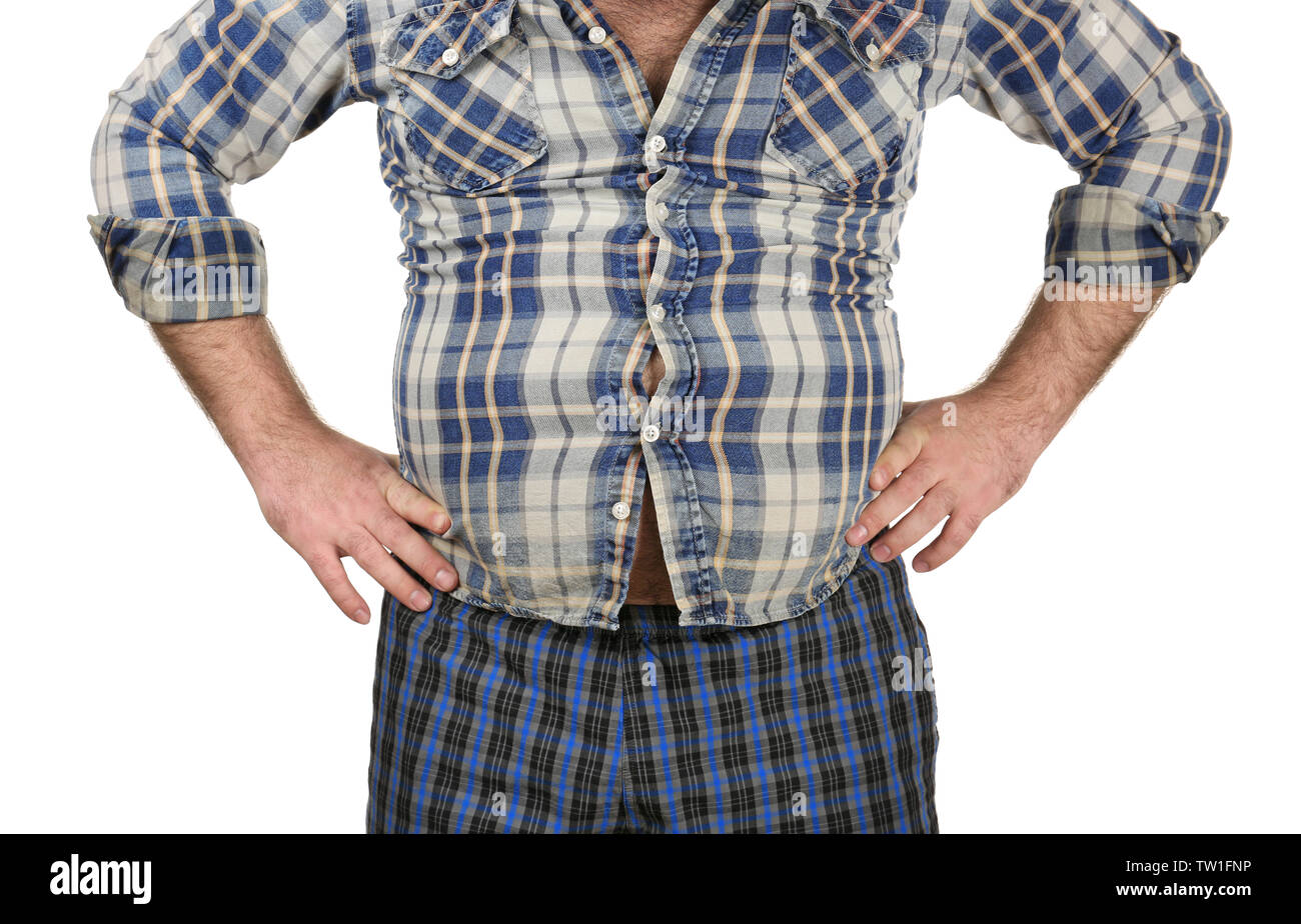 Man with big beer belly on white background Stock Photo - Alamy