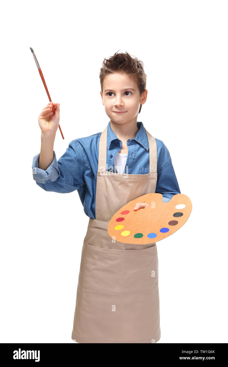 Cute little artist with brush and palette on white background Stock ...