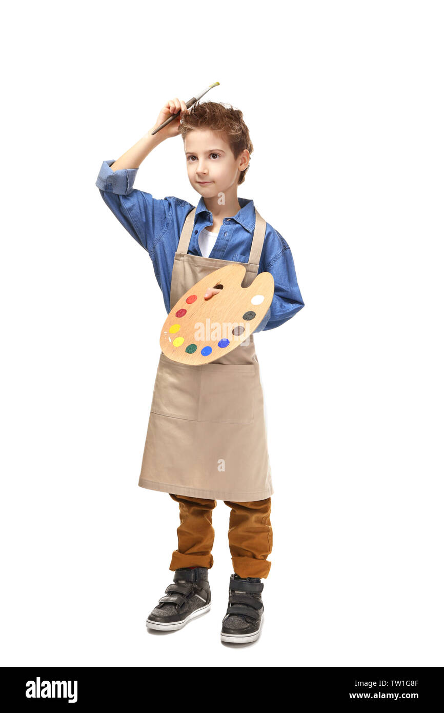 Cute little artist with brush and palette on white background Stock ...