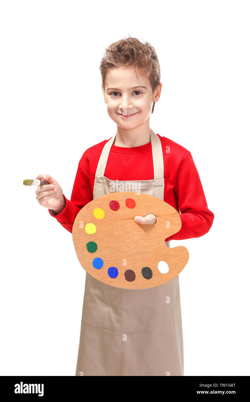 Cute little artist with brush and palette on white background Stock ...