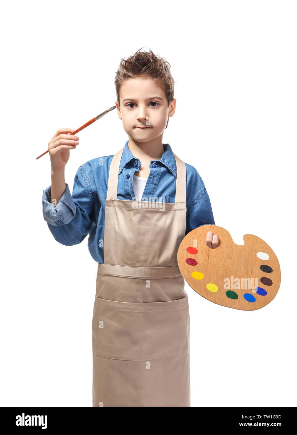 Cute little artist with brush and palette on white background Stock ...