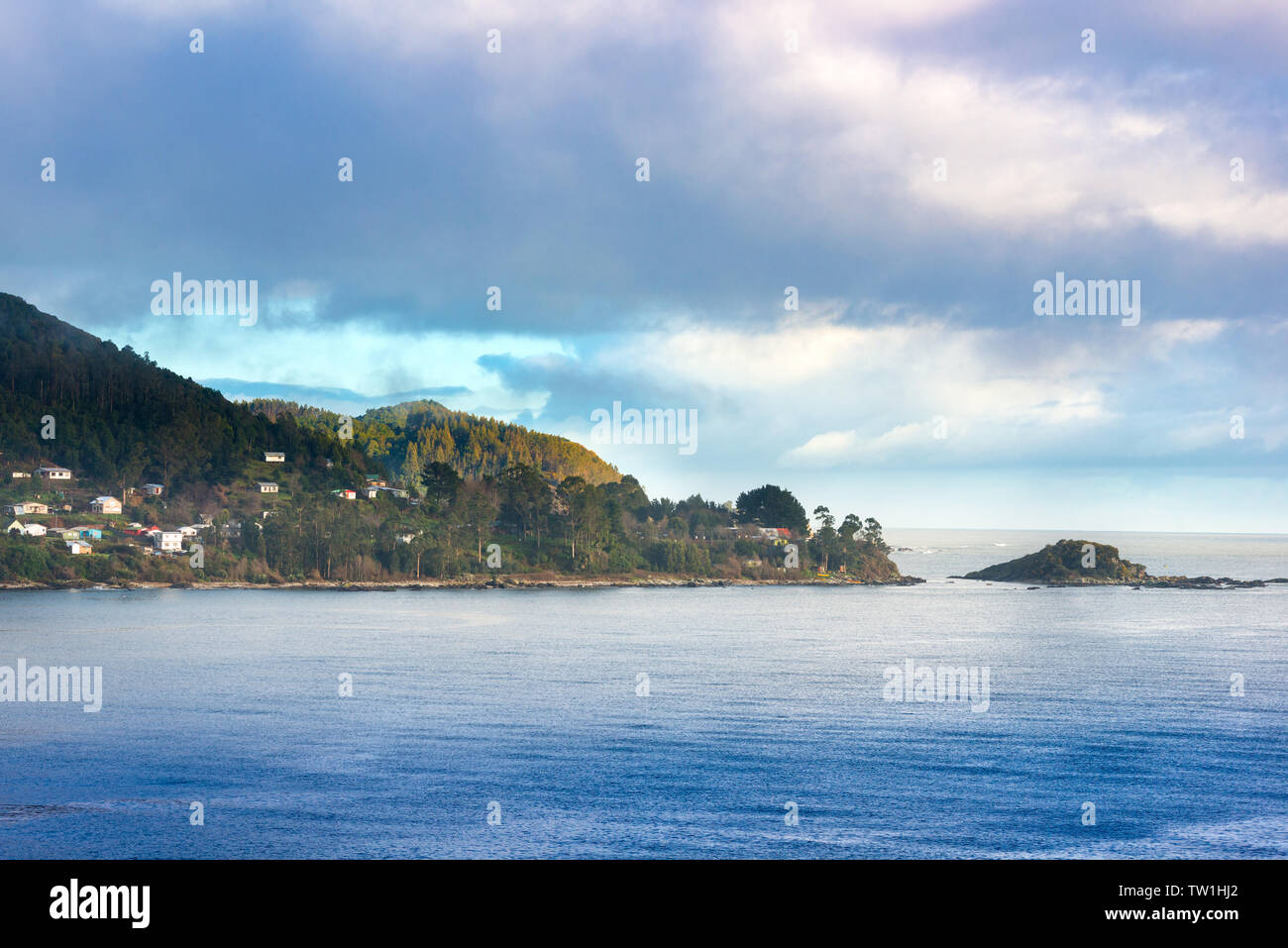 View of Corral, a small town in the river mouth of Valdivia River ...